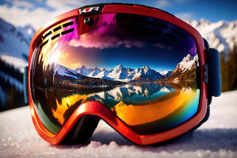 Ski Goggles with Reflection of Mountains. Winter Ski Theme Stock ...