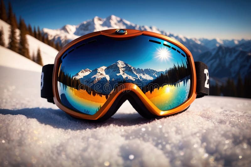 Ski Goggles with Reflection of Mountains. Winter Ski Theme Stock ...