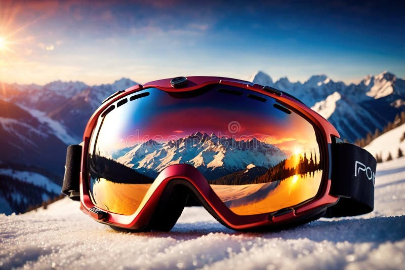 Ski Goggles with Reflection of Mountains. Winter Ski Theme Stock ...