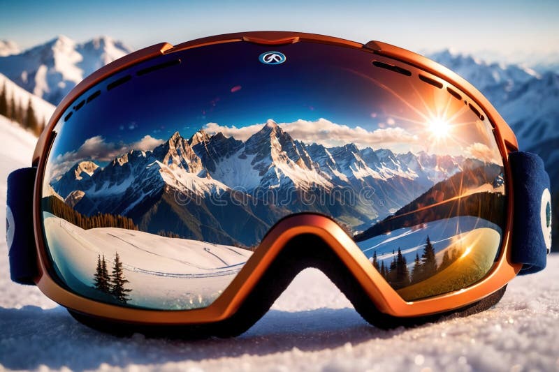 Ski Goggles with Reflection of Mountains. Winter Ski Theme Stock ...