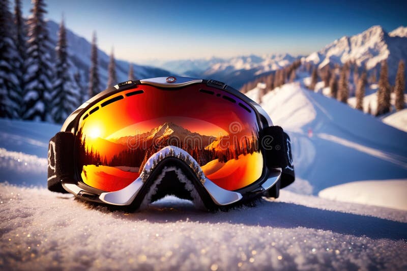 Ski Goggles with Reflection of Mountains. Winter Ski Theme Stock ...