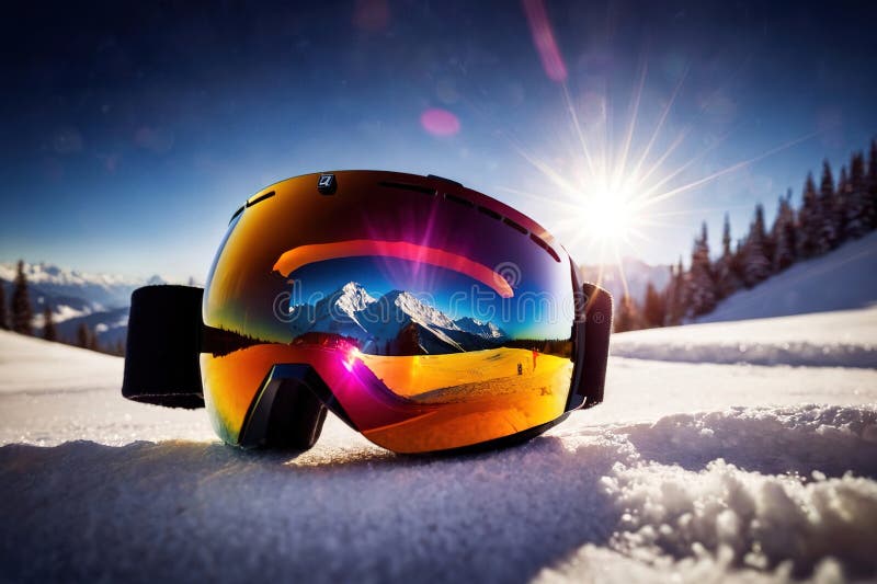 Ski Goggles with Reflection of Mountains. Winter Ski Theme Stock ...