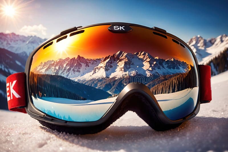 Ski Goggles with Reflection of Mountains. Winter Ski Theme Stock ...