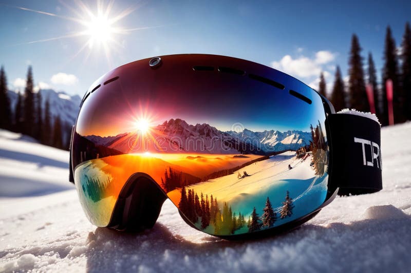 Ski Goggles with Reflection of Mountains. Winter Ski Theme Stock ...