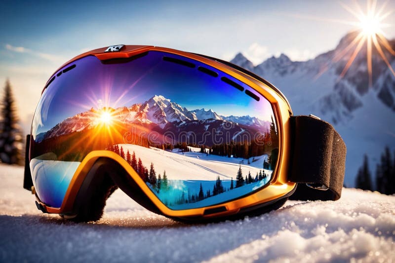 Ski Goggles with Reflection of Mountains. Winter Ski Theme Stock ...