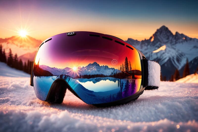 Ski Goggles with Reflection of Mountains. Winter Ski Theme Stock ...