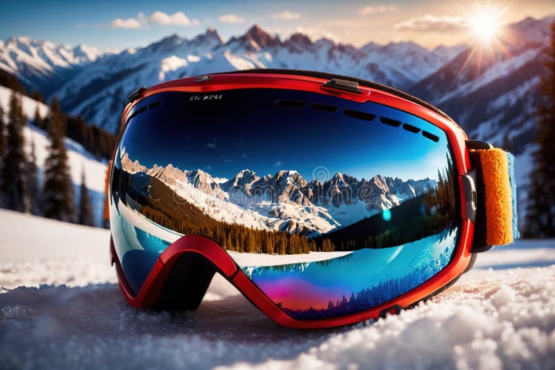 Ski Goggles with Reflection of Mountains. Winter Ski Theme Stock ...