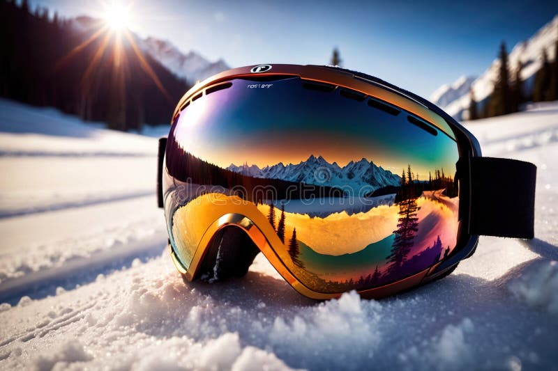 Ski Goggles with Reflection of Mountains. Winter Ski Theme Stock ...