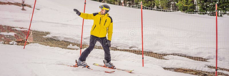 Ski Instructor at Training Track Showing Students How To Ski BANNER ...