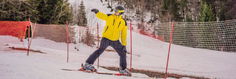Ski Instructor at Training Track Showing Students How To Ski BANNER ...