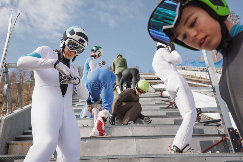 Ski Jumpers Waiting on a Ski Jump. Stock Image - Image of nerve, check ...
