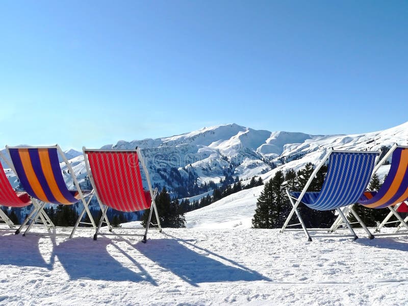 After Ski Relaxation Sunbeds in Winter Mountain Scenery Stock Photo ...