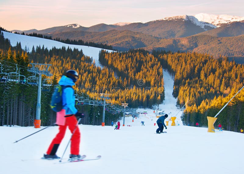 Ski resort at sunset stock image. Image of extreme, skier - 63843743