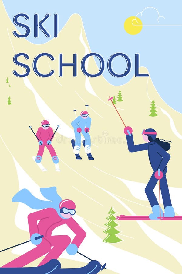 Ski Schoolbanner with Group of Student Skiers with Instructor. Stock ...