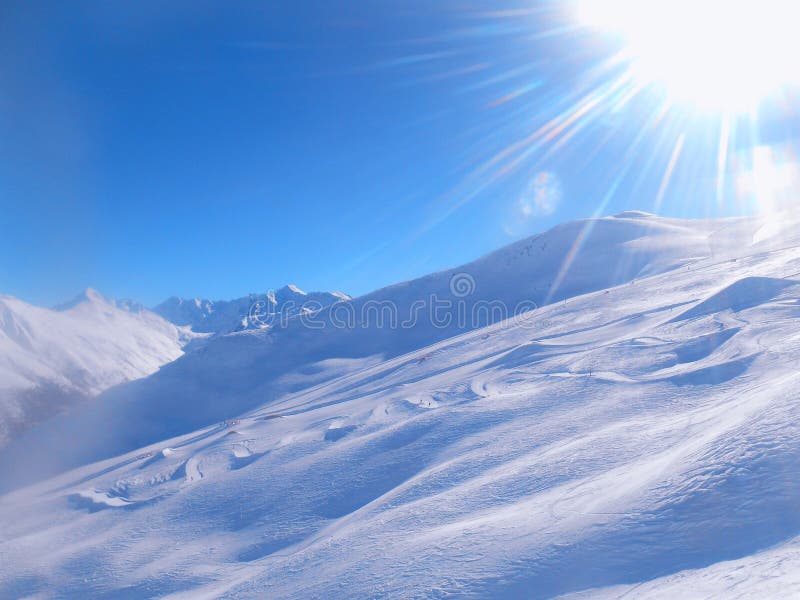 Ski Snow Slope and Blue Sky with Sun Stock Image - Image of backdrop ...