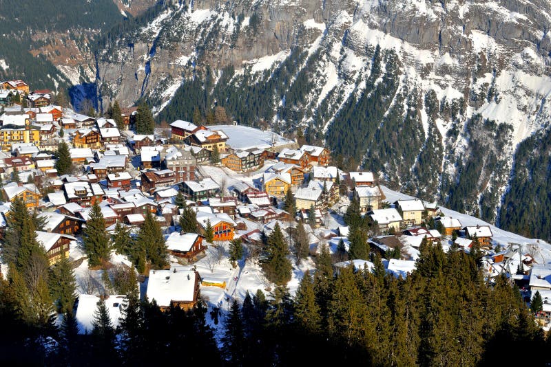 Murren Ski Village in Snow Mountain of Interlaken Stock Photo - Image ...