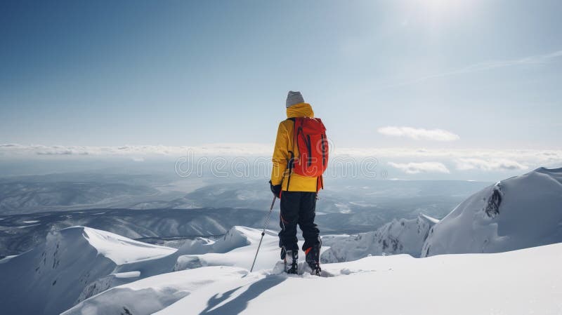Skier on the Background of Snow-capped Mountains. Active Winter ...