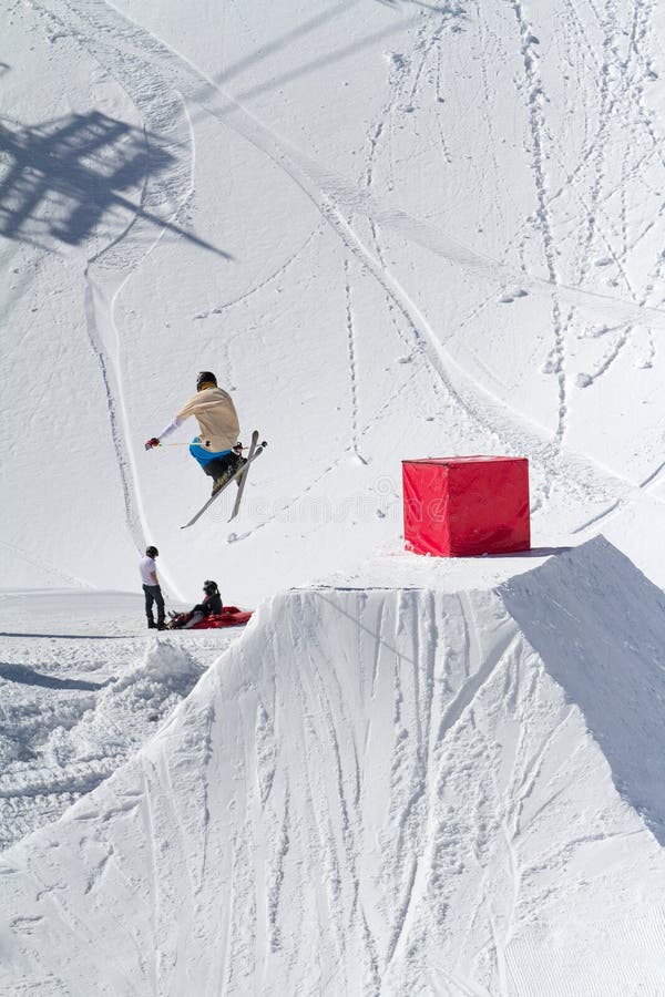 Skier Jumps in Snow Park, Ski Resort Stock Image - Image of freestyle ...
