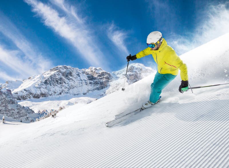 Skier Skiing Downhill in High Mountains Stock Image - Image of rush ...