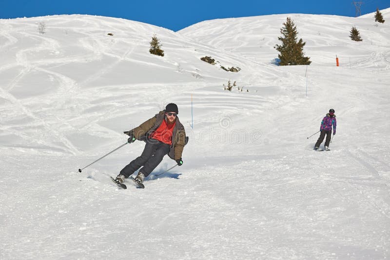 Skiing in the Winter Snowy Slopes Stock Image - Image of season ...