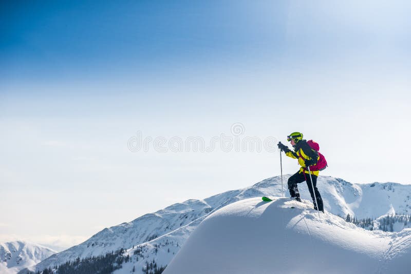 Skier Walking on Top of the Mountain. Stock Photo - Image of panoramic ...