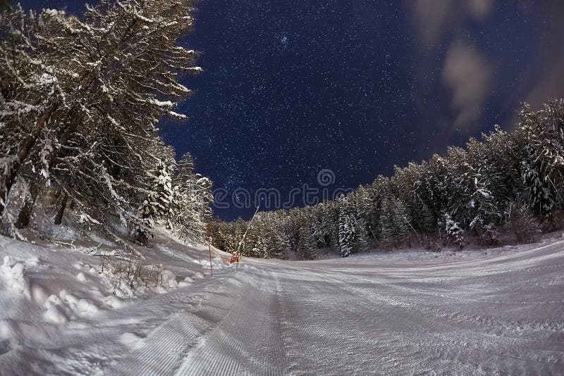 Skiing Slope at Night Below Starry Sky Stock Image - Image of snow ...