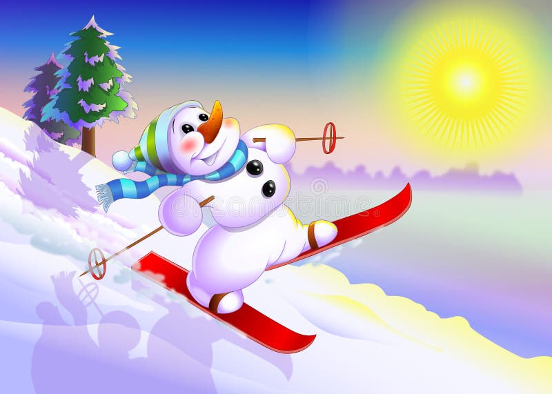 3d Skiing Snowman Christmas Greeting Card Stock Illustration ...