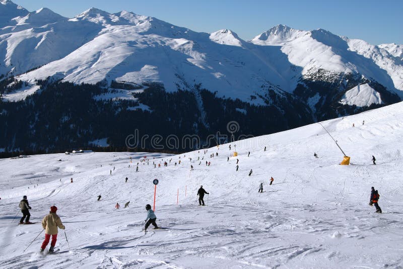 Skiing into the valley 2 stock image. Image of lift, active - 492331