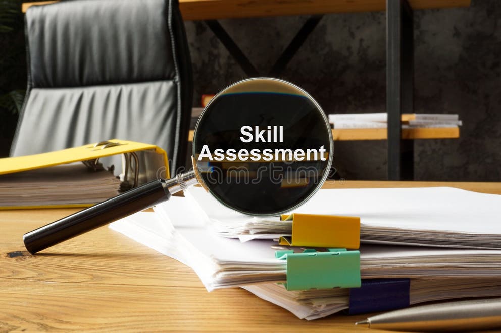 Skill Assessment Concept. a Stack of Papers and a Magnifying Glass with ...