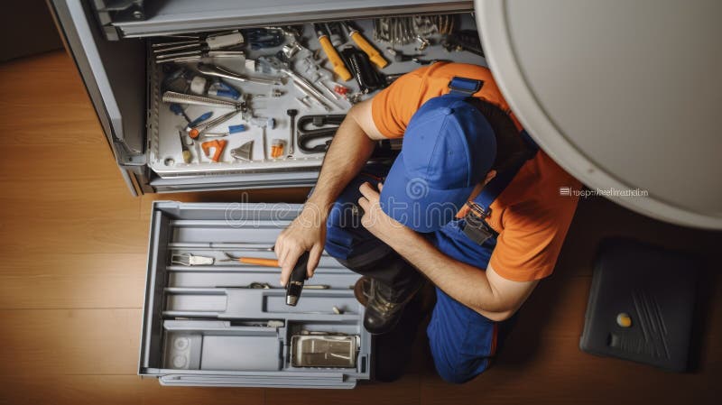Skill on Display - Top View High Angle of Repairman with Toolbox ...