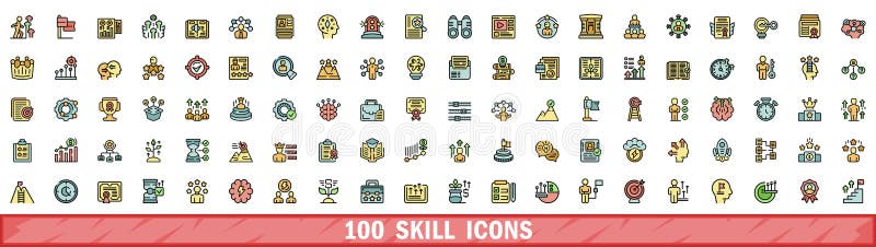 100 Skill Icons Set, Color Line Style Stock Illustration - Illustration ...