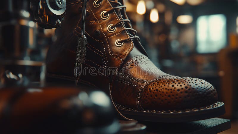 Skilled Artisan Hand-stitching a Leather Boot in a Workshop Filled with ...