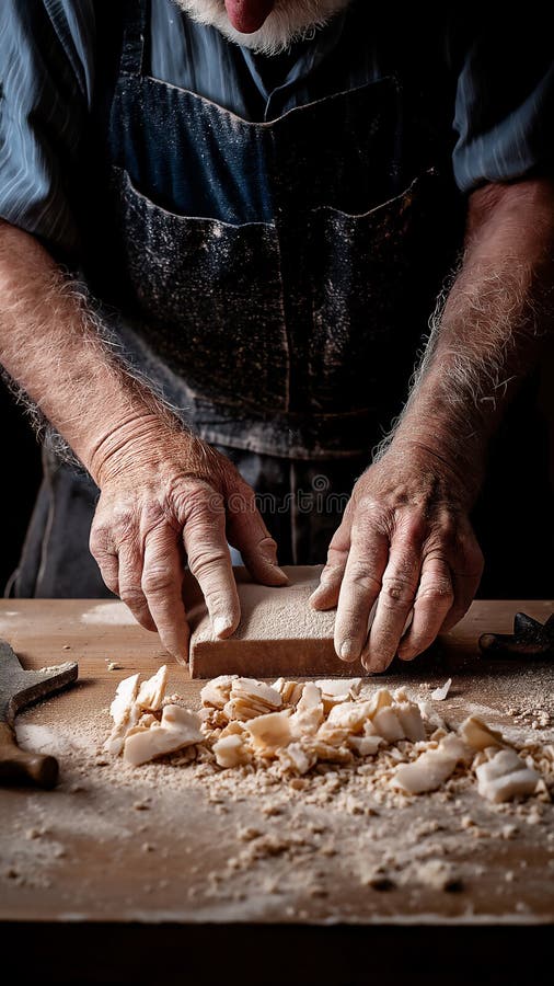 Master Craftsman Shaping Wood with Skilled Hands in a Workshop Filled ...