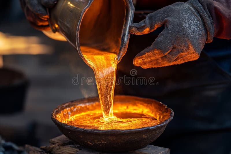 A Skilled Artisan is Pouring Molten Metal into a Mold. the Glowing ...