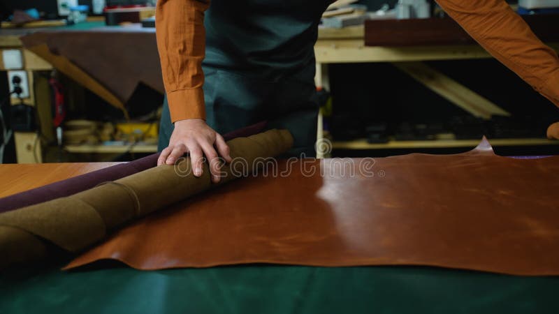 Skilled Artisan Unrolling a Fine Leather Sheet, Preparing for the Next ...