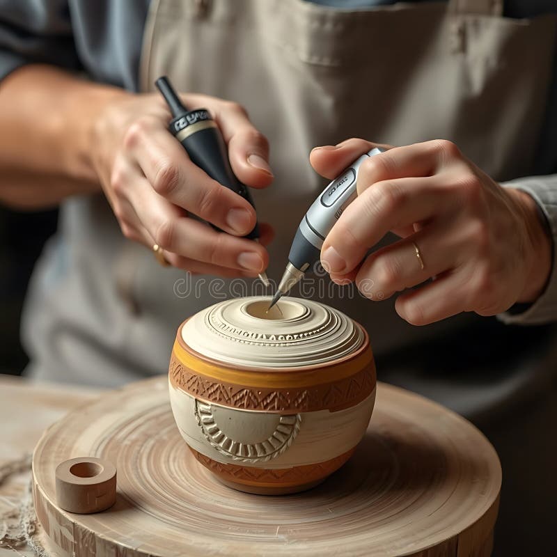 A Skilled Artisan Using a Dremel Tool To Add Texture To a Small Pottery ...