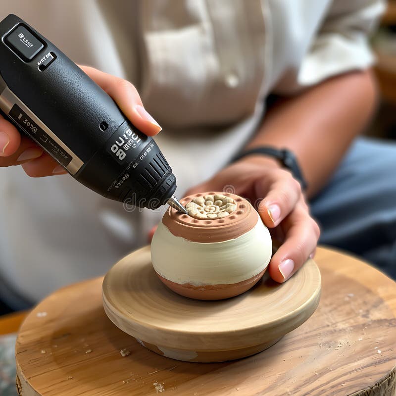 A Skilled Artisan Using a Dremel Tool To Add Texture To a Small Pottery ...