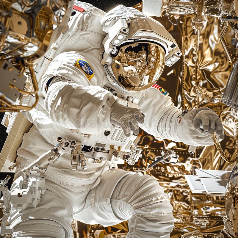 Skilled Astronaut Conducting Maintenance on Space Station, Surrounded ...
