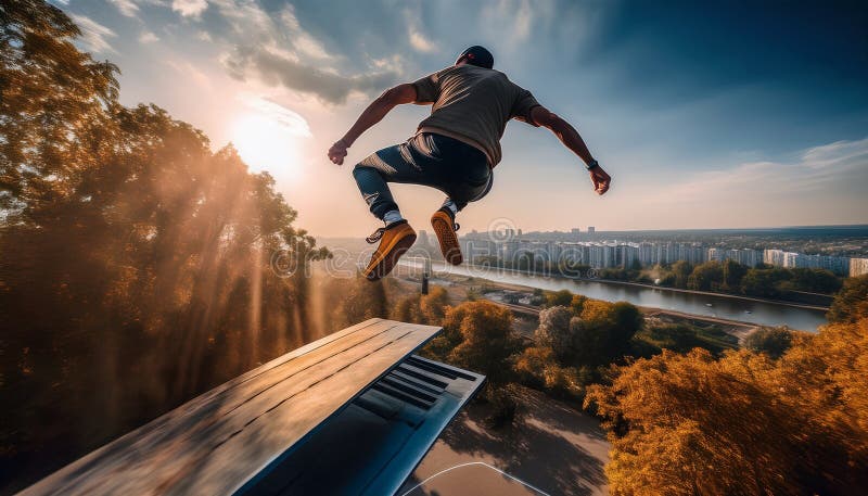 Daring Leap into the Sunset with Parkour in a Vibrant Cityscape Stock ...