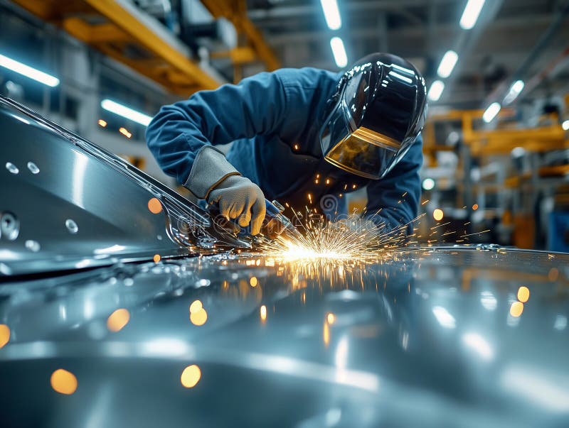 Skilled Auto Body Technician Works on Vehicle, Using Welding Tool To ...