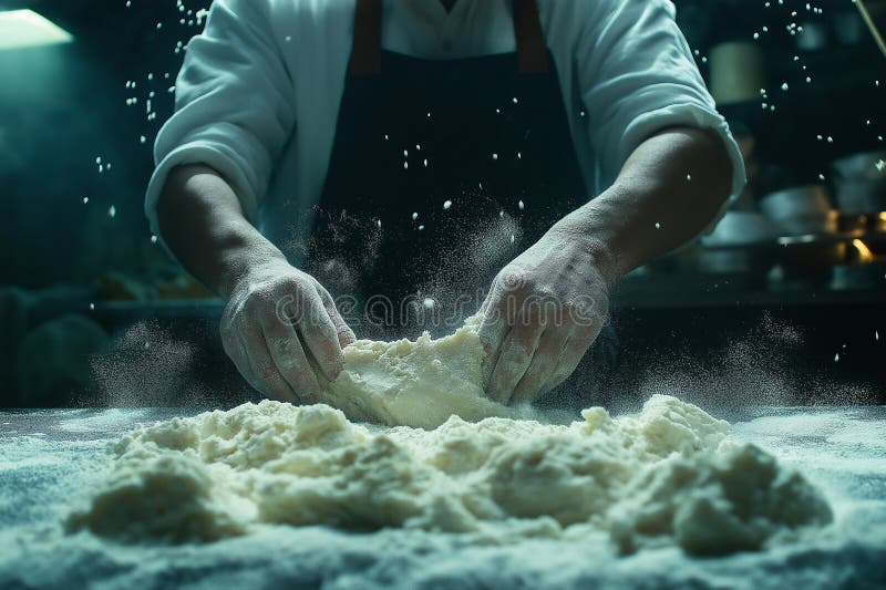 Creative Baker Working with Flour in a Cozy Kitchen during a Late-night ...