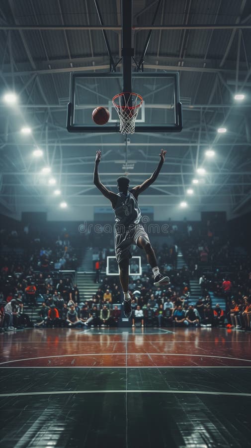 Skilled Basketball Player Leaps for a Slam Dunk in a Packed Stadium ...