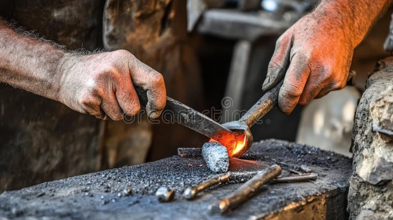Focused Male Blacksmith Skillfully Shaping Metal in Workshop Stock ...