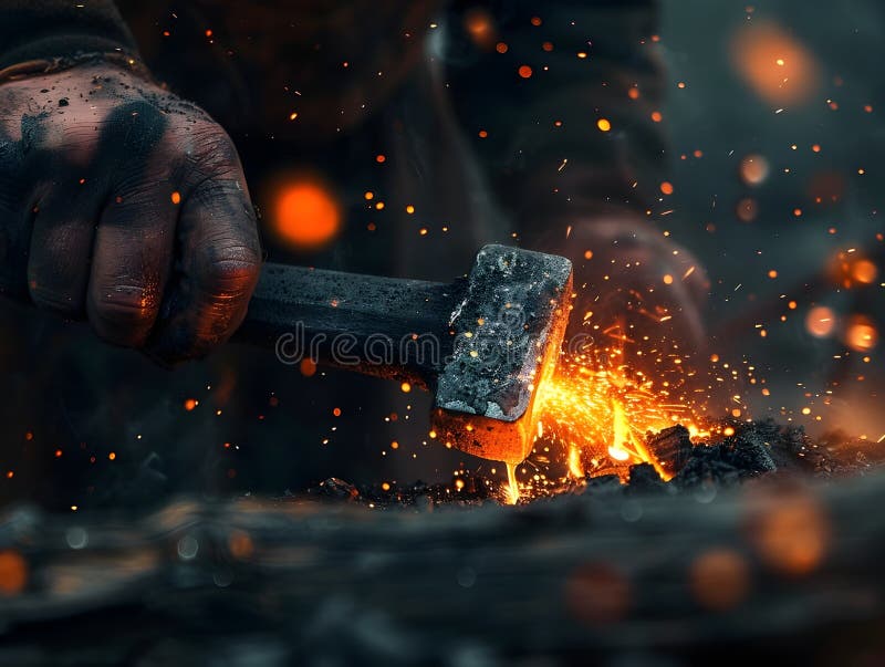 Skilled Blacksmith Hammering Glowing Steel Rod with Intense Force and ...