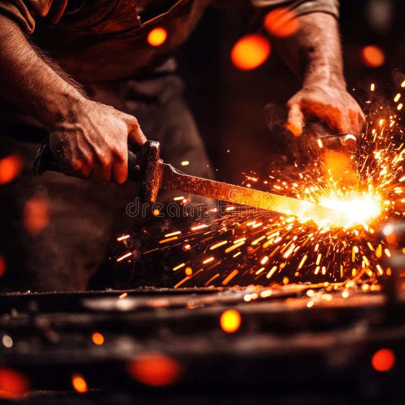 Blacksmith Forging Metal with Sparks Flying in a Workshop during Night ...