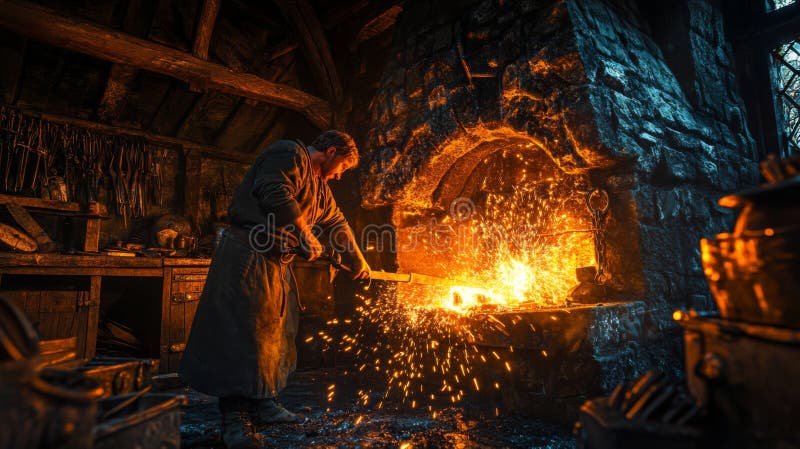 A Skilled Blacksmith at Work in a Traditional Forge. the Glow of the ...