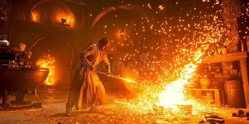 A Skilled Blacksmith Works Passionately in a Glowing Forge. the Flames ...