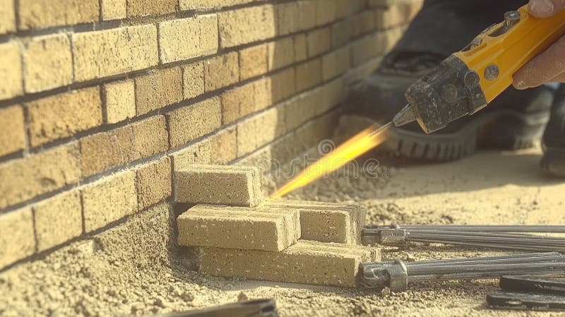 Skilled Bricklayer Carefully Positions Bricks Precision Applying Mortar ...