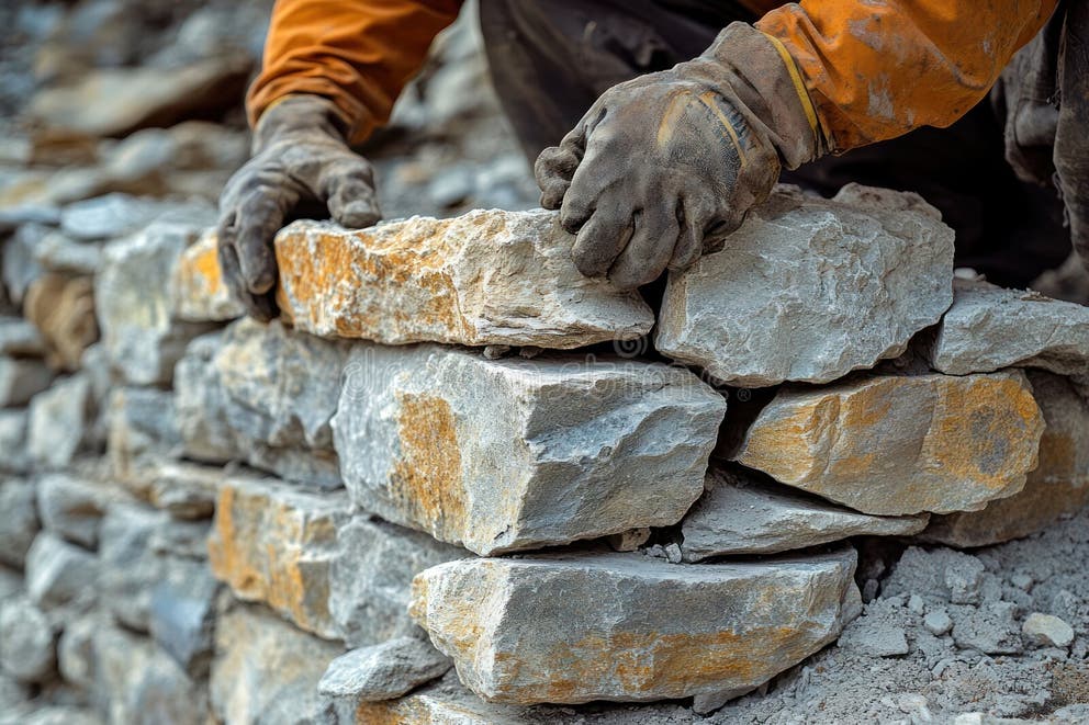 Skilled Bricklayer Constructing a Stone Rock Wall Up Close, Masonry ...