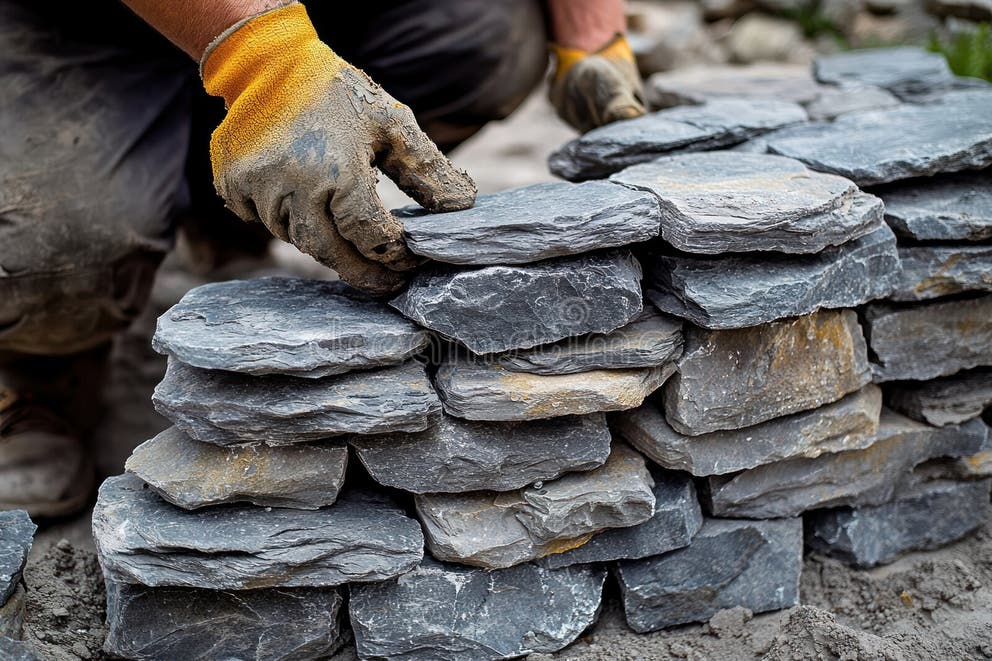 Skilled Bricklayer Constructing a Stone Rocks Wall Up Close, Masonry ...